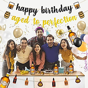 Whiskey themed Aged to Perfection Birthday Party Supplies for Men, Black Gold Cheer and Beer Themed Whiskey Birthday Party Banner Decorations