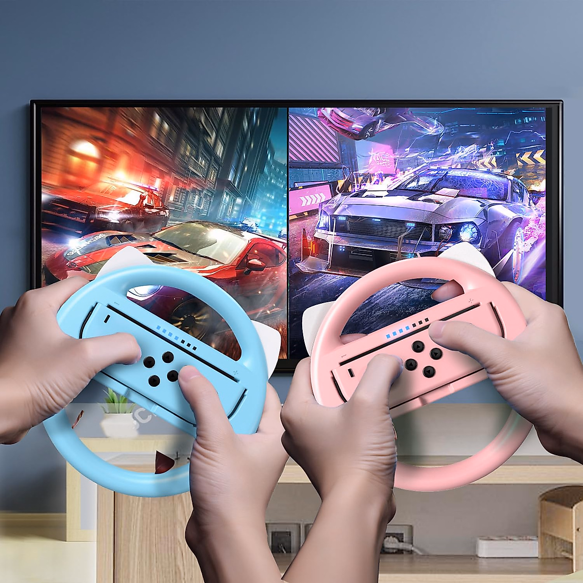 momen Switch Steering Wheel for Nintendo Switch Accessories，Racing Wheels for Mario Kart 8 Deluxe，Compatible with Switch JoyCon Controllers, 2 Pack，Blue & Pink