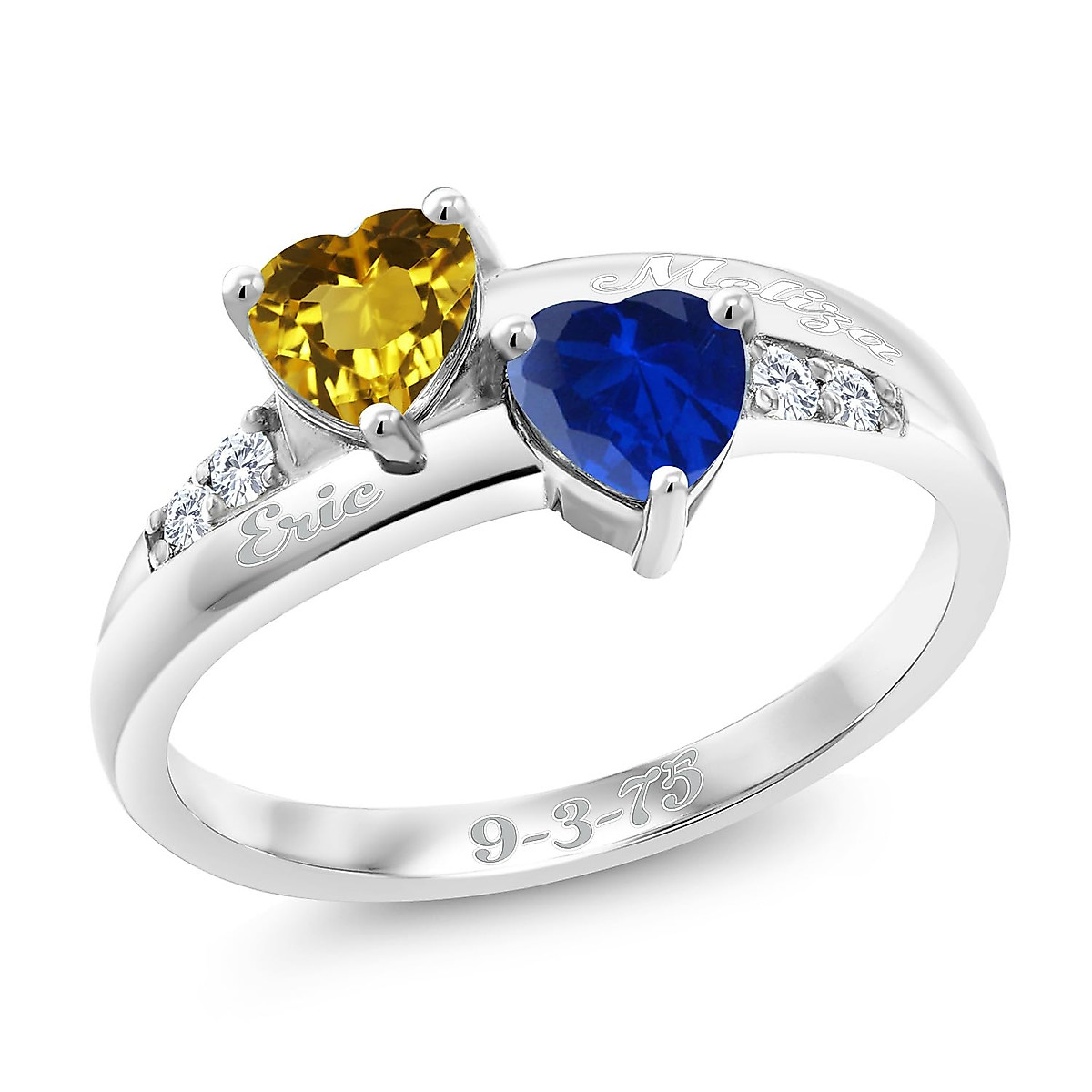 Gem Stone King 925 Sterling Silver Customized and Personalized 2-Stone Heart Shape Gemstone Birthstone and Lab Grown Diamond Custom Lazer Engraving Ring For Women (Size 7)
