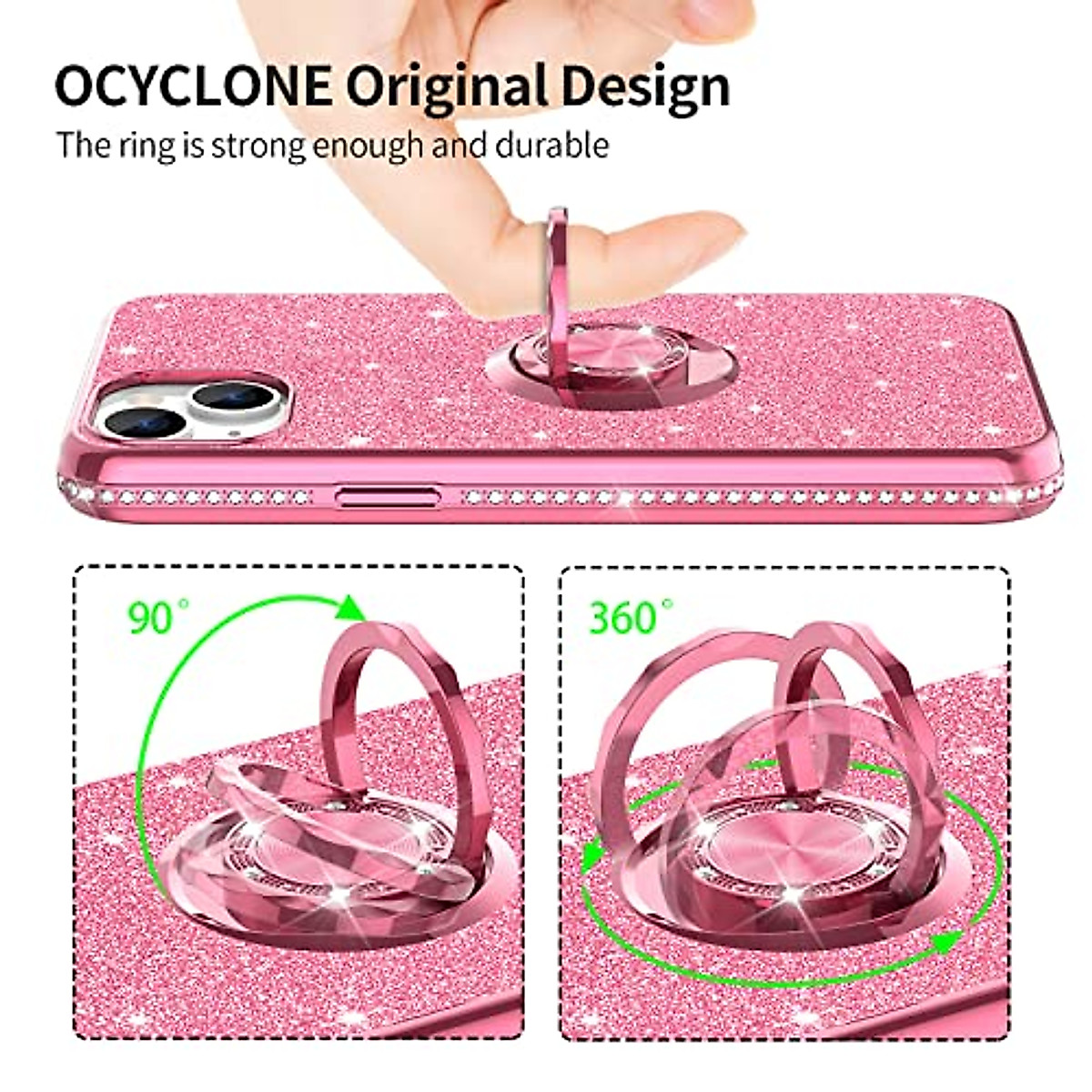 OCYCLONE iPhone 14 (6.1") Glitter Diamond Case with Ring Stand - Pink, Women & Girls