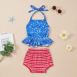 RSKK Toddler Baby Girls Sleeveless 4th-of-July Stars Striped Printed Shorts Outfits, Spring Summer Baby Casual SetsG26 Blue