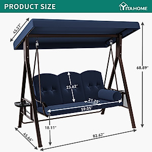 YITAHOME 3-Seat Deluxe Porch Swing Outdoor Heavy Duty Patio Swing Chair with Adjustable Canopy Removable Cushions Weather Resistant Steel Frame Suitable for Garden, Lawn, Backyard, Balcony, Navy Blue