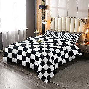 Erosebridal Black Grid Comforter Set Twin Black and White Checkered Bedding Set Reversible Farmhouse Buffalo Plaid Comforter for Kids Boys Teen Bedroom,Gingham Duvet Insert with 1 Pillow Case