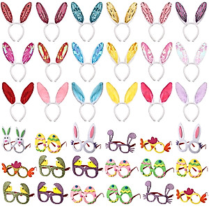 36 Pcs Easter Bunny Ears Headbands and Easter Party Eye Glasses Bunny Party Favors Plush Rabbit Ears Funny Chick Eggs Glasses Eyewear for Teens Adult Easter Birthday Bunny Party Supplies Decorations