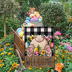 Artofy Welcome Easter Bunny Rabbit Small Decorative Garden Flag, Egg Flowers Farmhouse Yard Lawn Outside Decor, Spring Buffalo Plaid Check Burlap Outdoor Home Decoration Double Sided 12 x 18