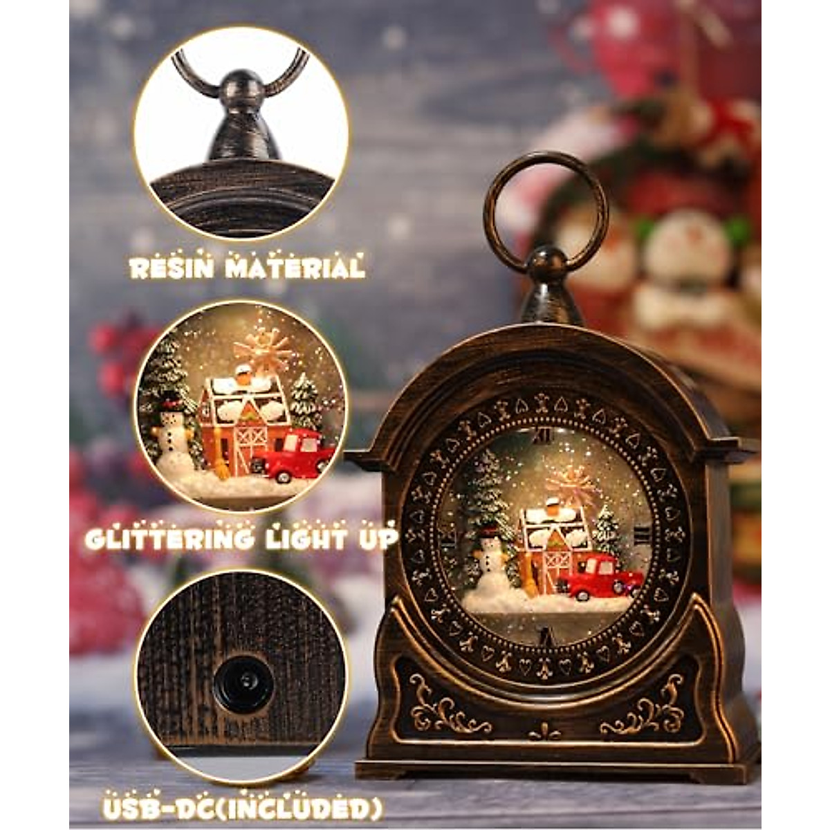 Snowman Red Truck Clock Christmas Snow Globe Lantern-Glittering Light Up Musical Snow Globe Christmas Decorations, 6H Timer, USB & Battery Operated, Christmas Indoor Home Décor