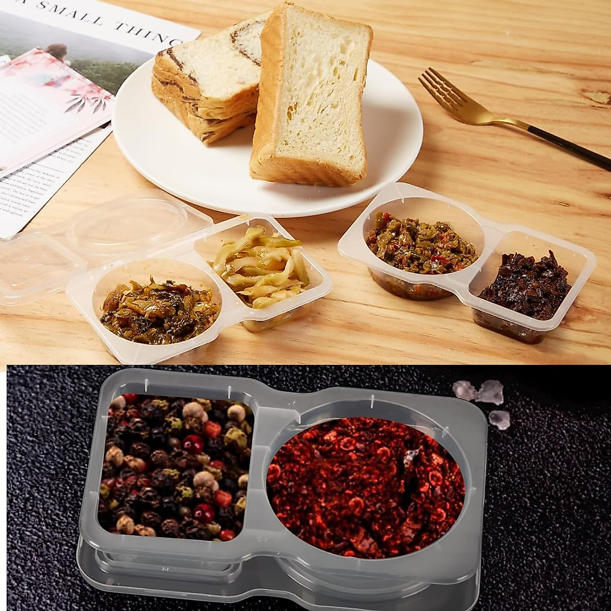 5PCS Double Compartment Condiment Containers with Lids, Portable Reusable Sauce Container,2 Compartment Snack Containers for Condiments or Dips, 2024 New Disposable 2 Compartment Snack Containers