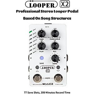 MOOER Looper X2 Stereo Electric Guitar Loop Pedal, Bass Guitar Looper Pedal, Acoustic Guitar Looper Pedal with 11 Banks, 300 Minutes, 77 save slots, Fade Out Function for practice and live show