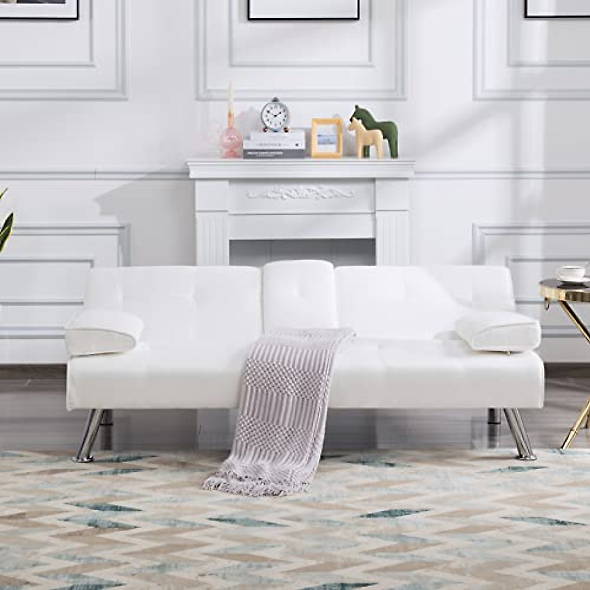 Verfur Convertible Sleeper, White w/ 2 Cupholders and Removable Pillow Top Armrest