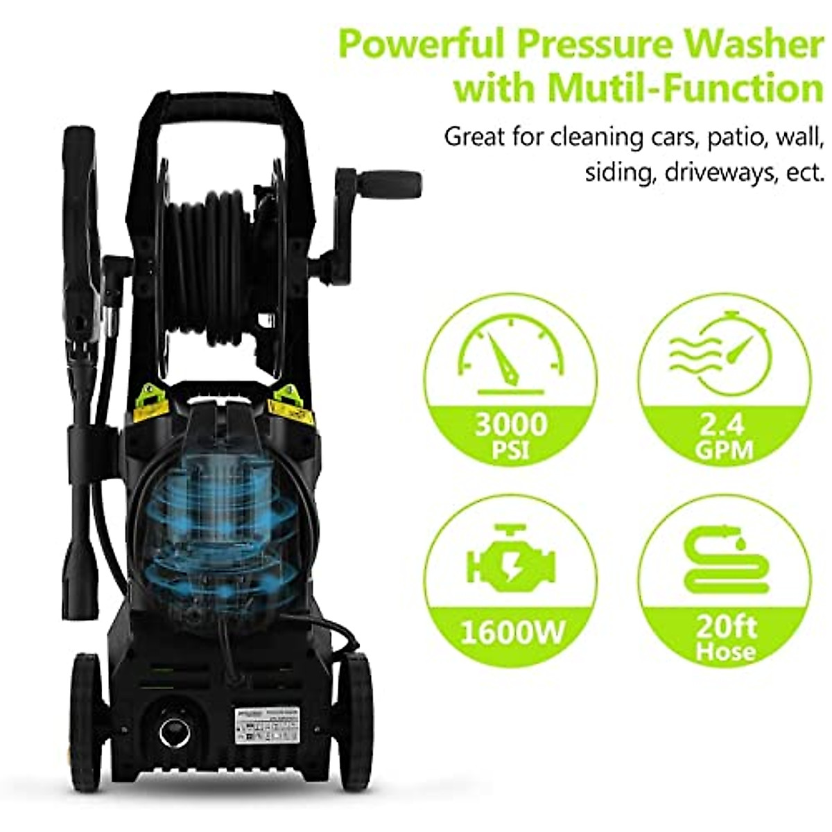 WHOLESUN WS 3000 Electric Pressure Washer, 1.58GPM 1600W High Power Washer Machine with Spray Gun & 4 Nozzles for Cars, Homes, Driveways, Patios(Green)