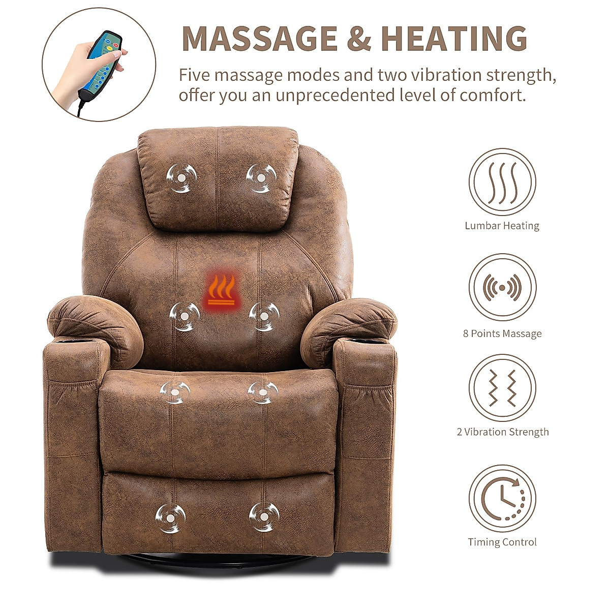 EPICOZY Manual Swivel Rocker Recliner with Heat and Vibration, 360° Swivel Glider Massage Lounge Chair, Ergonomic Single Sofa Recliner with 2 Cup Holders Side Pockets & USB Port, Brown