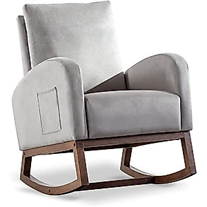 Rocking Chair Nursery Glider Rocker Chair High Backrest Upholstered Velvet Accent Armchair with Side Pocket for Living Room Bedroom Office (Grey)