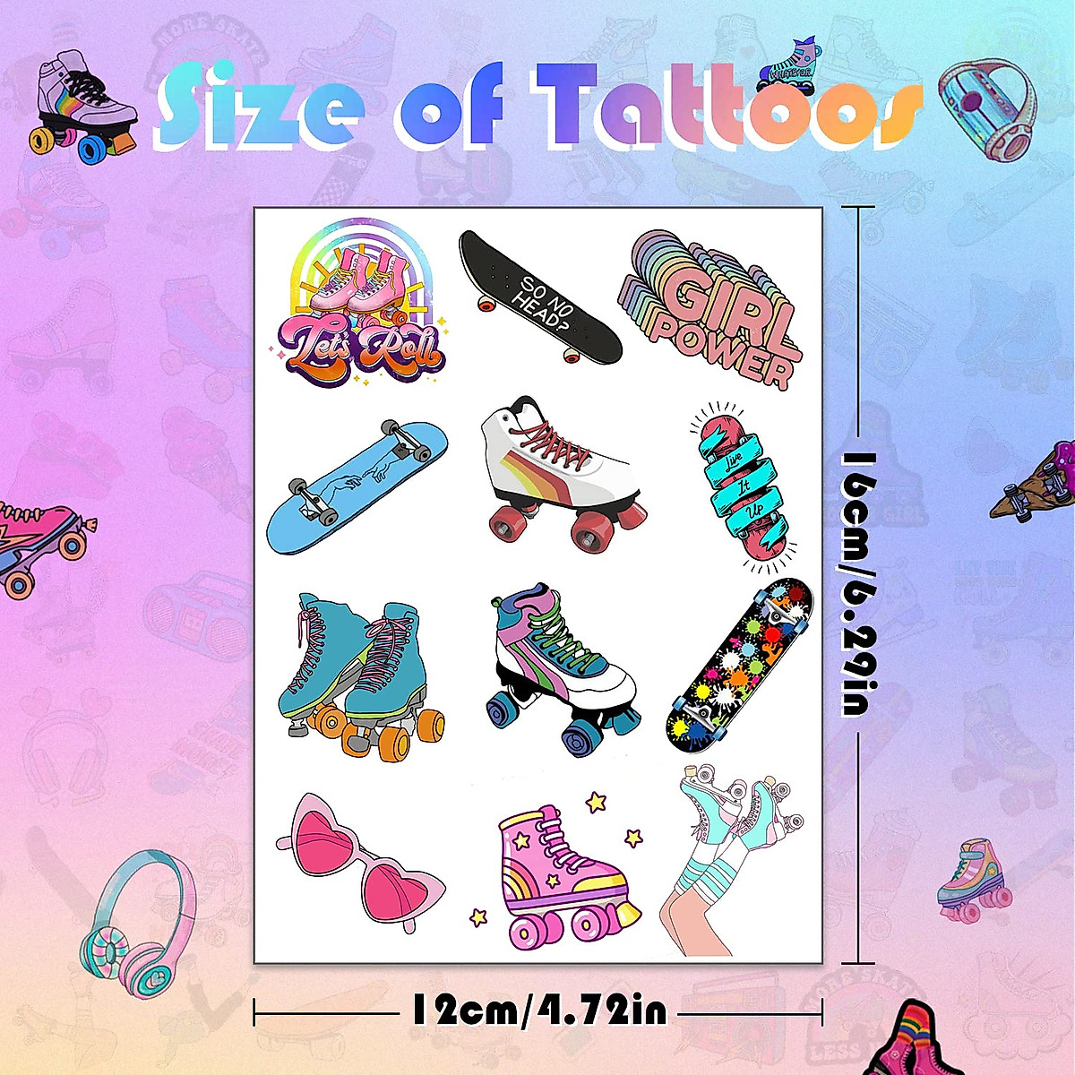16 Sheet Roller Skate Party Favors Roller Skating Temporary Tattoos Stickers for Kids Girls Boys Throwback to 90s Roller Skate Theme Party Decorations supplies (192 PCS)