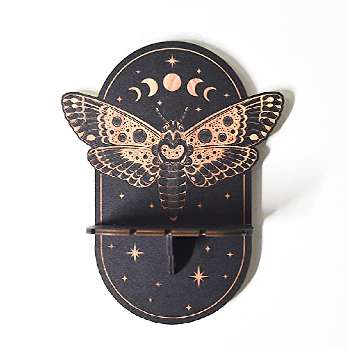 Moon Moth Shelf Crystals 10x5.5 inch Wooden Black Golden Boho Holder with Snake Pattern Crystal Gemstones Display Essential Oil Candles Gothic Home Decor (Type3-Butterfly)