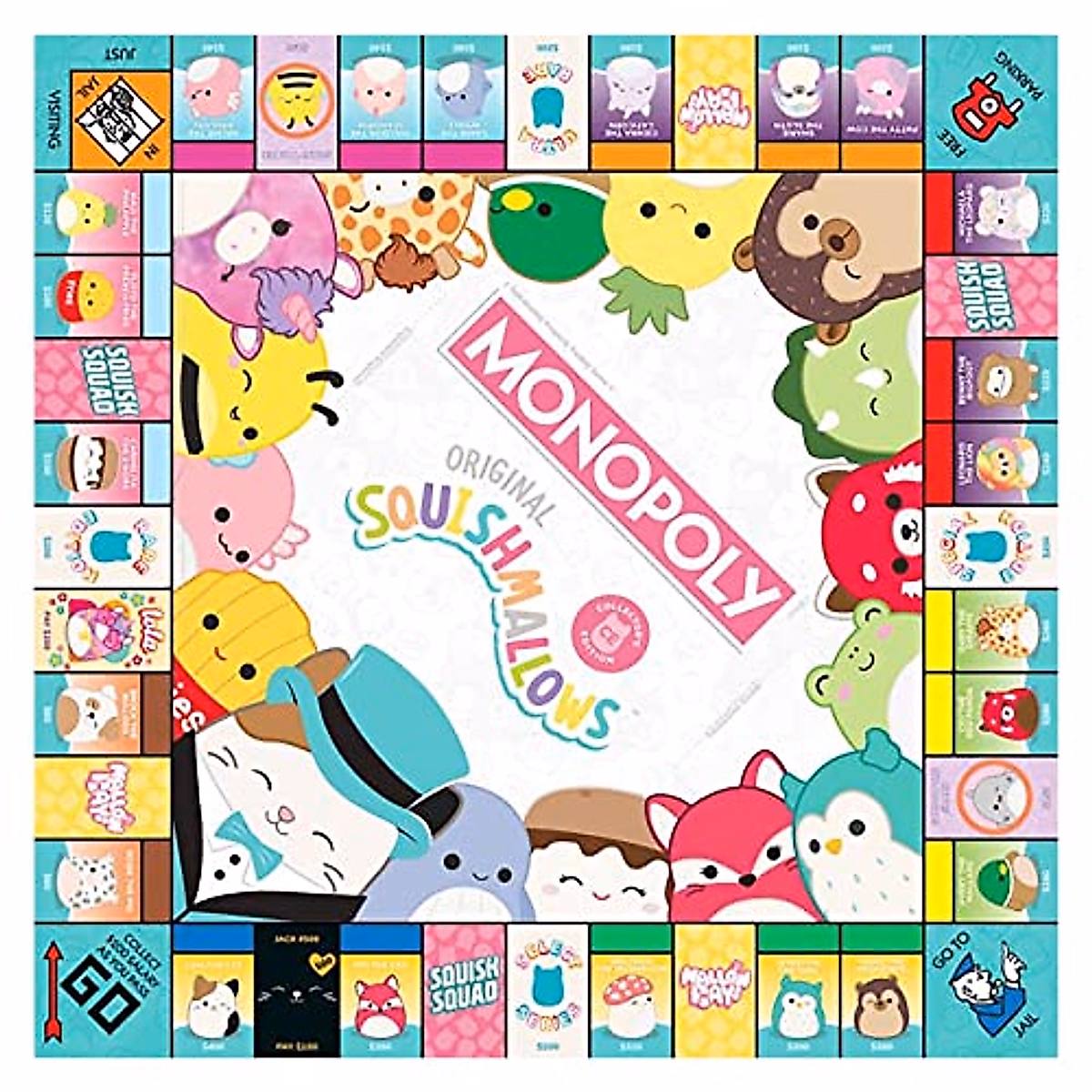 Monopoly: Squishmallows | Collector’s Edition Featuring Cam The Cat Plush | Buy, Sell, Trade Spaces Featuring Squshmallows | Collectible Classic Monopoly Game | Officially-Licensed Squishmallows Game