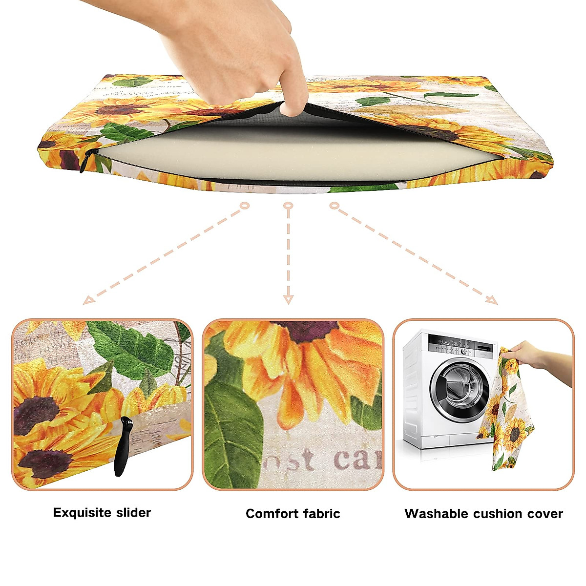 Emelivor Vintage Sunflowers Chair Cushion Memory Foam Seat Cushion with Washable Comfort Chair Pad for Kitchen Chair Office Chair Back Pain