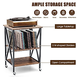 GOFLAME Record Player Stand, 3-Tier Rolling Vinyl Record Storage Holder Stand with 3 Dividers, Turntable Stand with Universal Wheels and Lockable Casters for Living Room, Bedroom, Office, Brown