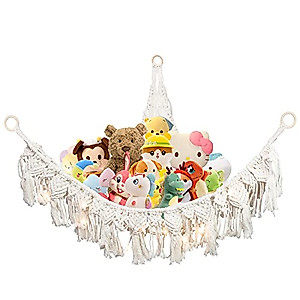 DSVENROLY Stuffed Animal Toy Hammock Macrame, Boho Large Toy Corner Hammock Organizer Display with LED Light, Hanging Stuffed Animal Toy Holder Net Tassel for Playroom Kid's Room Bedroom Nursery