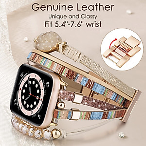 VISOOM Beaded Boho Bracelet Compatible for Apple Watch Band 40mm/38mm/41mm/42mm Series 10 9 8 7 SE Series 6/5/4 Women Leather Fashion Cute Handmade Multilayer Wrap Watch Strap for iWatch Bands 3/2/1