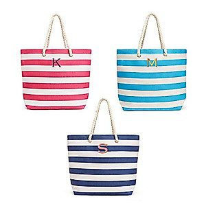 WEDDINGSTAR Personalized Extra-Large Cabana Stripe Canvas Fabric Tote Bag - Sky Blue