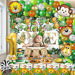 Wild One Birthday Decorations for Boys, Safari First Birthday Decorations, include Backdrop, Tablecloth, Balloon Arch, Highchair Banner, Monthly Photo Banners, Crown, Jungle Animals Foil Balloons