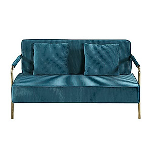 Homtique Loveseat Sofa Couch, Mid-Century Modern Velvet Love Seat Pleated Upholstered with 2 Pillows and Metal Legs, 56" Small Couches for Small Spaces Living Room, Bedroom (Teal)