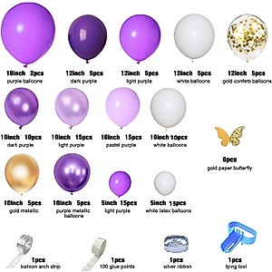 Ouddy Party Purple Balloons Garland Arch Kit,152Pcs Light Pastel Purple Gold Balloon Confetti Metallic Balloons for Baby Shower Wedding Mothers Day Purple Butterfly Birthday Party Decorations Supplies