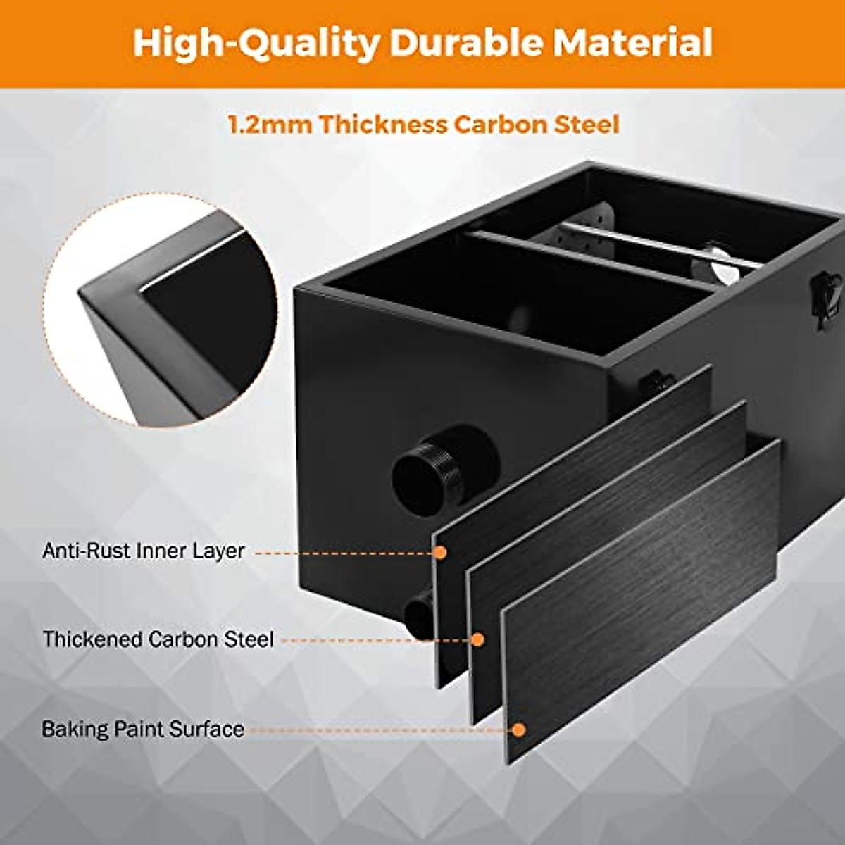 BEAMNOVA 9lbs Commercial Grease Trap Stainless Steel Black Grease Interceptor for Restaurant Kitchen Home Under Sink, Side Inlet