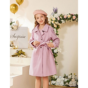 GRACE KARIN Kid Dress Coat Lapel Long Winter Pink Coats for Girls Size 8-10 Pockets Belt