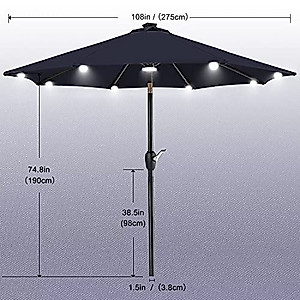 ABCCANOPY 9FT Patio Umbrella Outdoor Solar Umbrella LED Umbrellas with 8LED Bulbs, Tilt and Crank Table Umbrellas for Garden, Deck, Backyard and Pool,12+Colors, (Navy Blue)