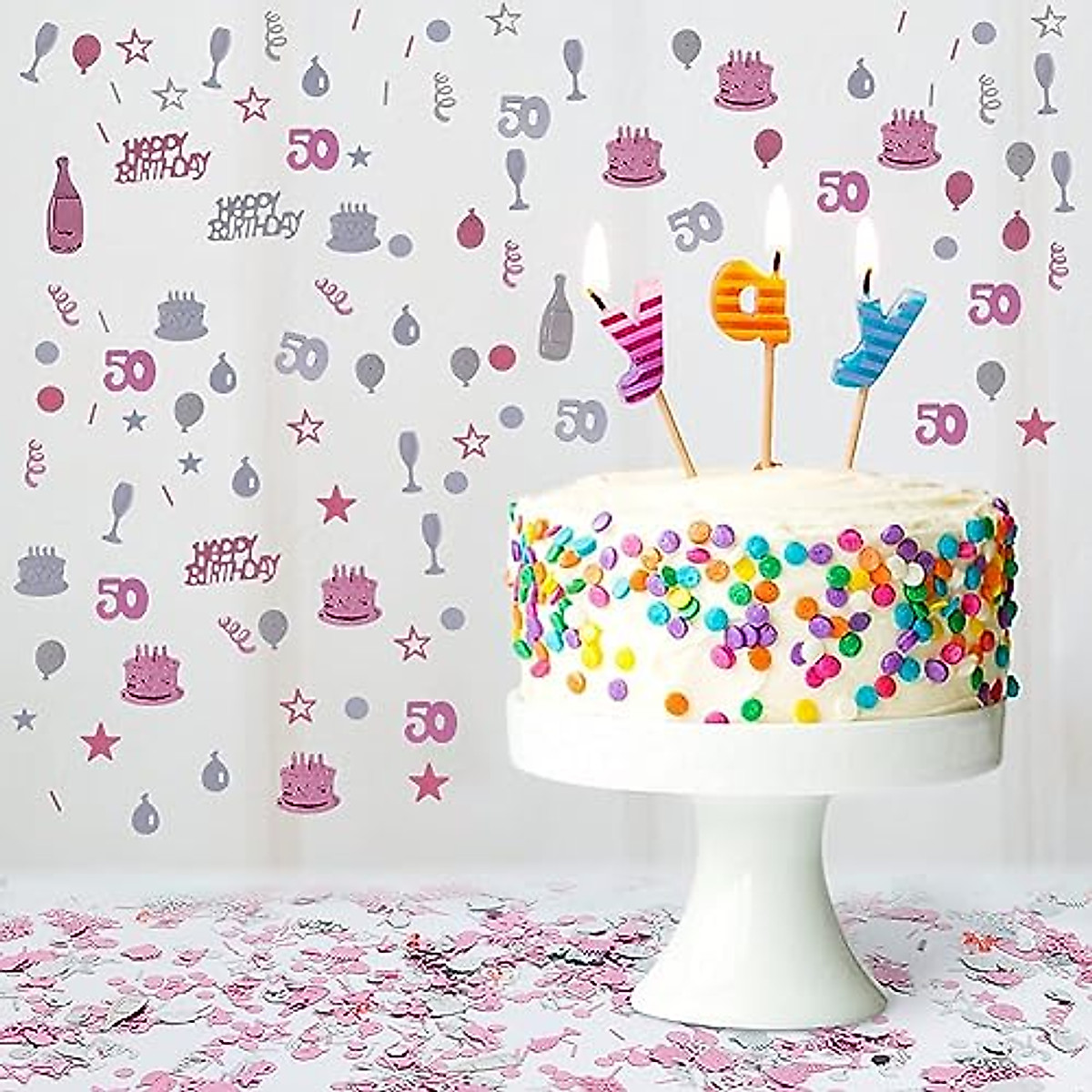 OSDUE 3000 Pieces Pink Gold Silver Happy Birthday Confetti, 50 Years Birthday Cake Confetti, Metallic Foil Balloon Confetti, Table Scatter Confetti Decoration Supplies, for Birthday Party (50th Style)