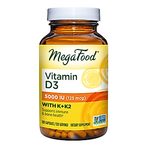 MegaFood Vitamin D3 5000 IU (125 mcg) - Vegetarian Vitamin D Supplements with Vitamin D3 K2, Supports Bones, Teeth, Muscles & Immune Health, Certified Non-GMO - 120 Mini Capsules, 120 Servings
