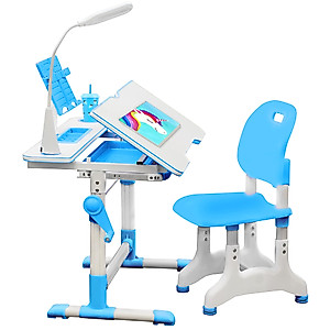 eClub Deals Kids Functional Desk and Chair Set, Height Adjustable Children's Study Desk for Ages 4-12, Book Stand, LED Light and Storage Drawer - for Baby Bedroom, Game Rooms, Blue