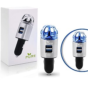 Car Air Purifier 3in1 Premium Stainless Steel Air Filter Ionizer w/Dual USB Quick Charge 3.0 USB-Eliminate Allergens Odor Smell, Smoke, Pets, Pollen Mold Bacteria w/Anti-Microbial Deodorizer (Silver)