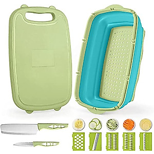 AJH3 ESSENTIALS 9-in-1 Collapsible Cutting Board with Colander and Prep Tub: The Ultimate Meal Prep Station for Any Occasion (Blue/Green)