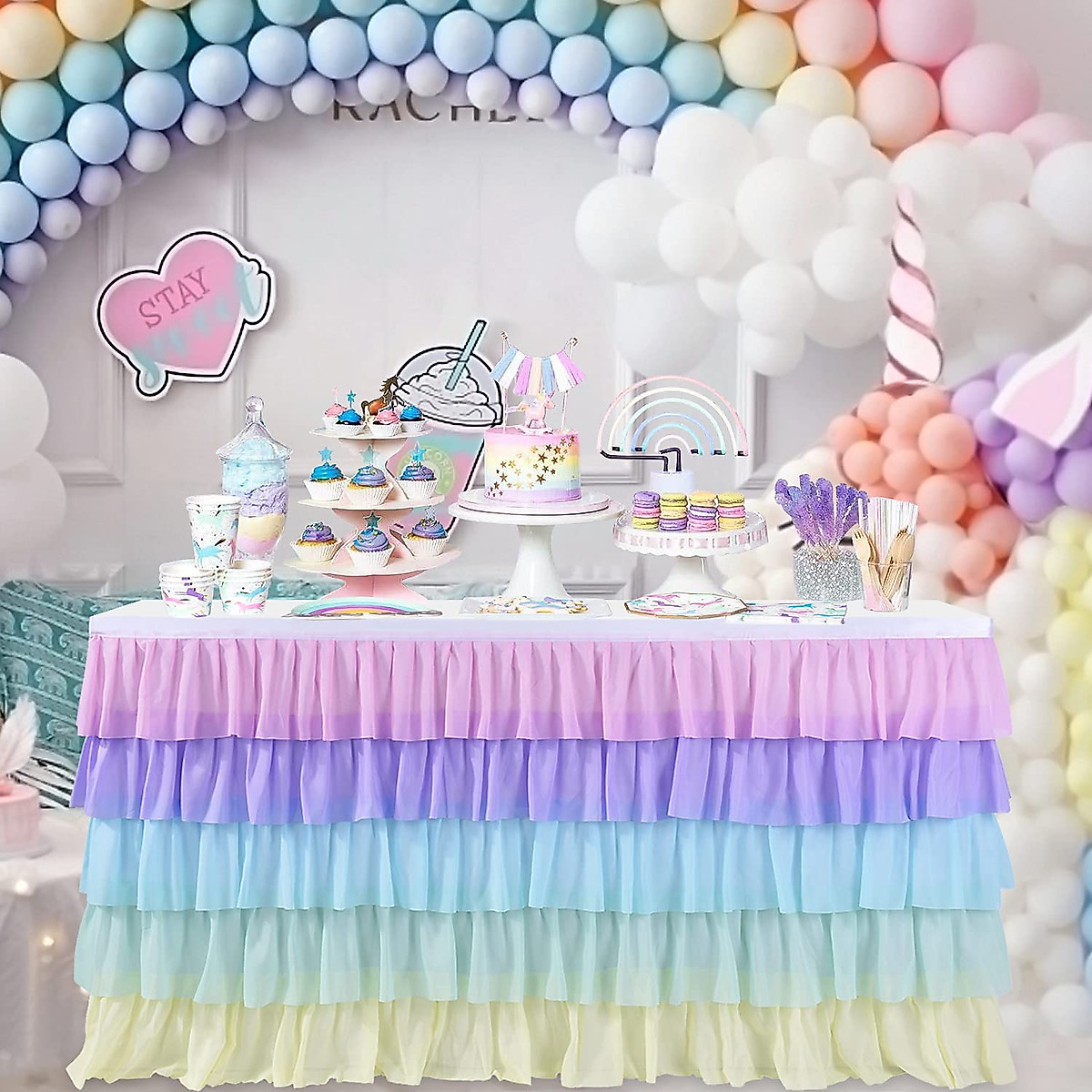 HB HBB MAGIC Rainbow Table Skirt Tutu Unicorn Tablecloth for Rectangle Table 6ft Girls Birthday Unicorn Party Baby Shower