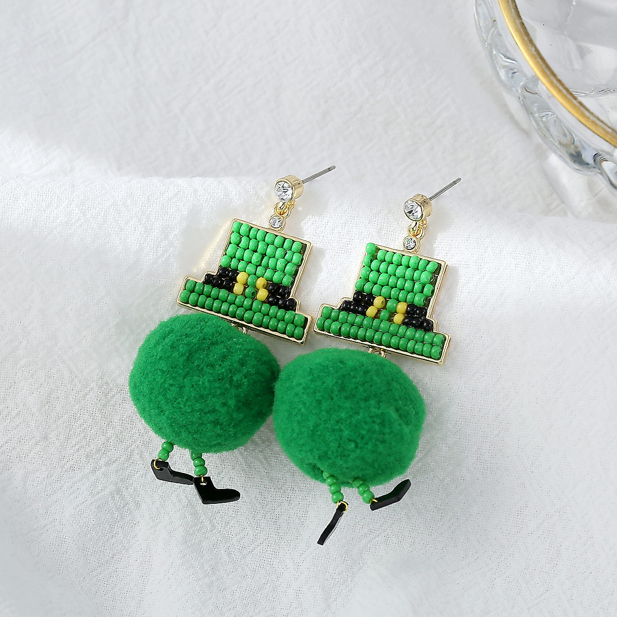 LILIE&WHITE St. Patrick's Earrings For Women Green Dancing Leprechaun Dangle Earrings Gift for Girls Jewelry Gift Irish Shamrock Drop Earrings Bead and Pom Pom Irish St. Patrick's day Jewelry