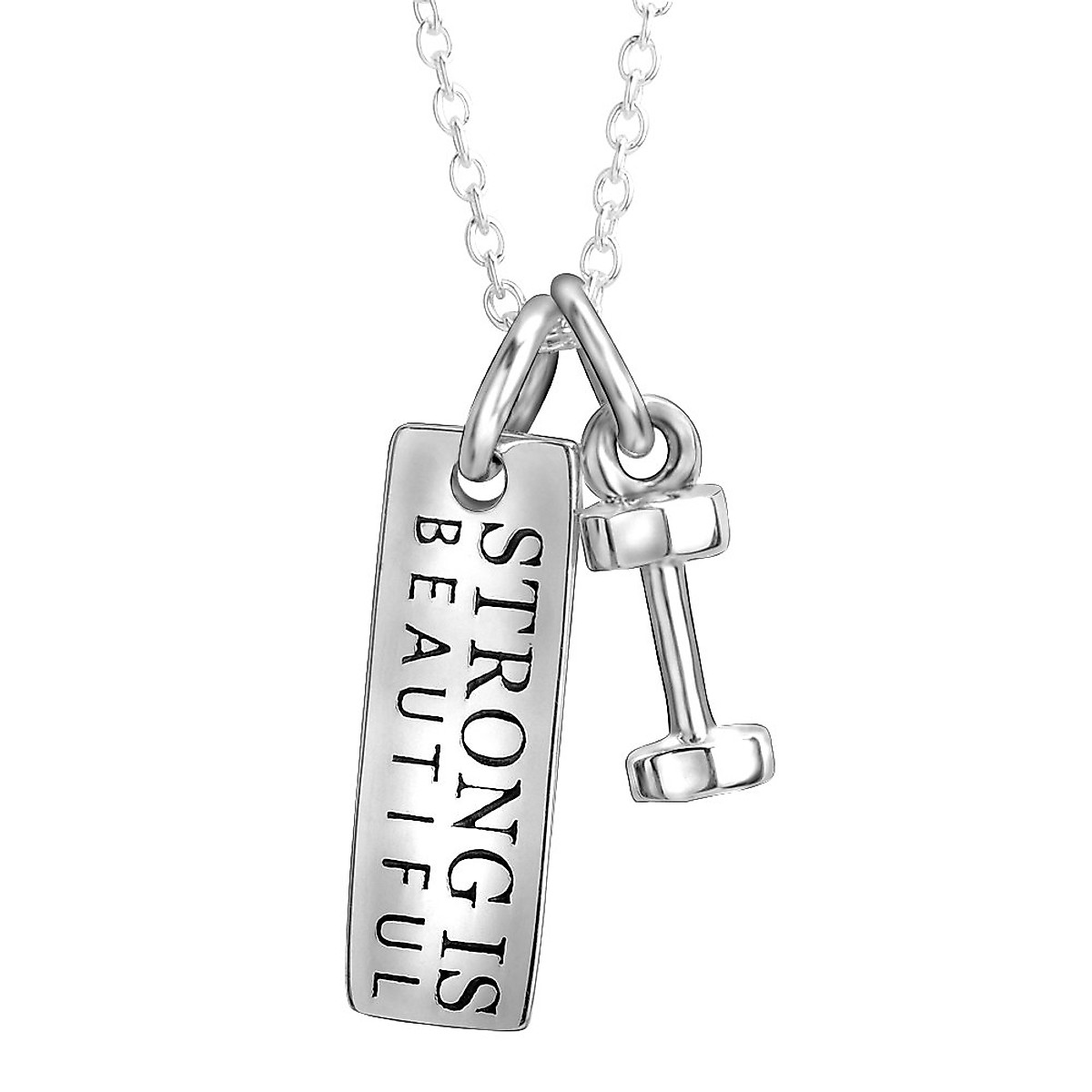 YFN Sterling Silver"Strong Is Beautiful" Engraved Dumbbell Barbell Gym Buff Pendant Necklace 18" (Strong is Beautiful Necklace)