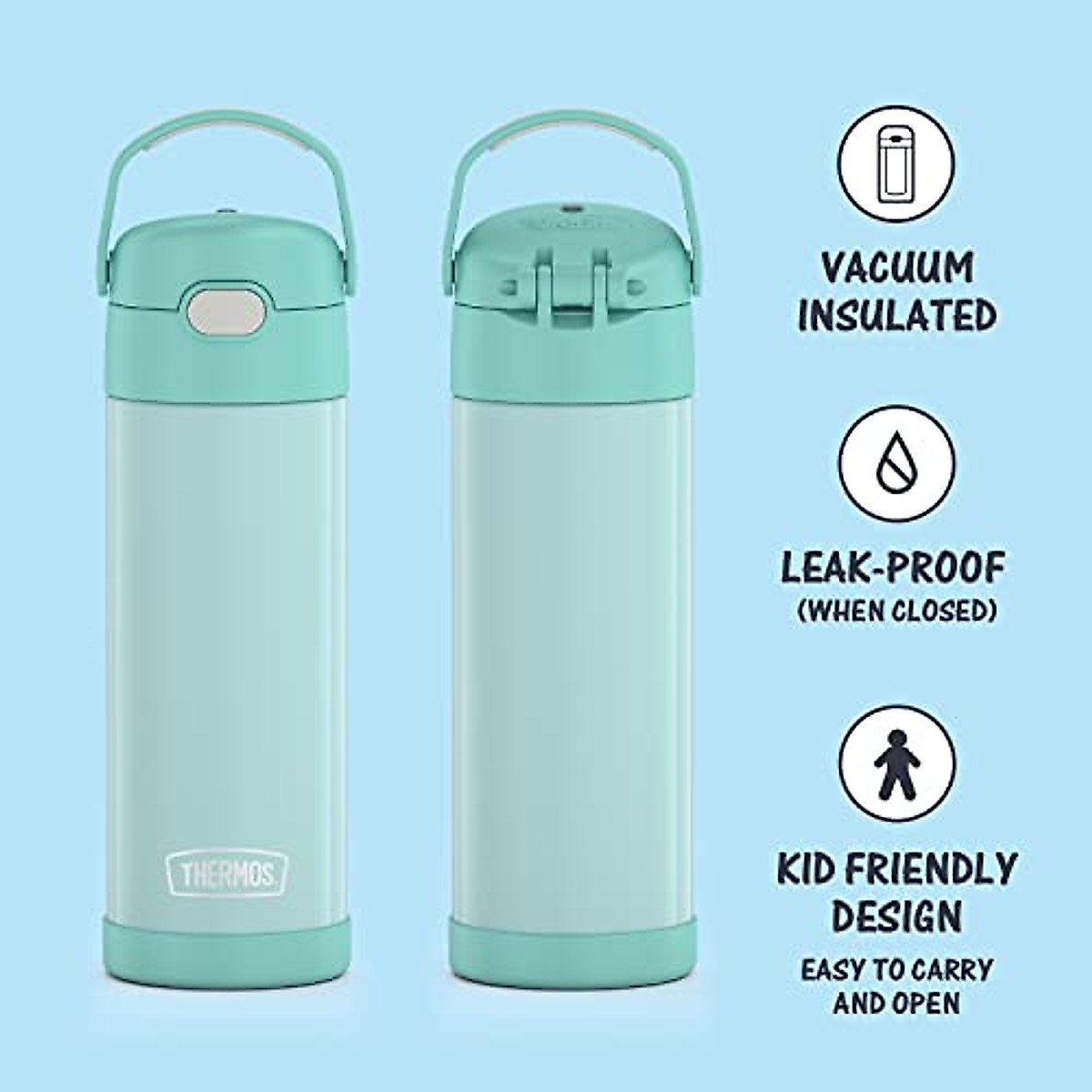 THERMOS FUNTAINER 16 Ounce Stainless Steel Vacuum Insulated Bottle with Wide Spout Lid, Mint