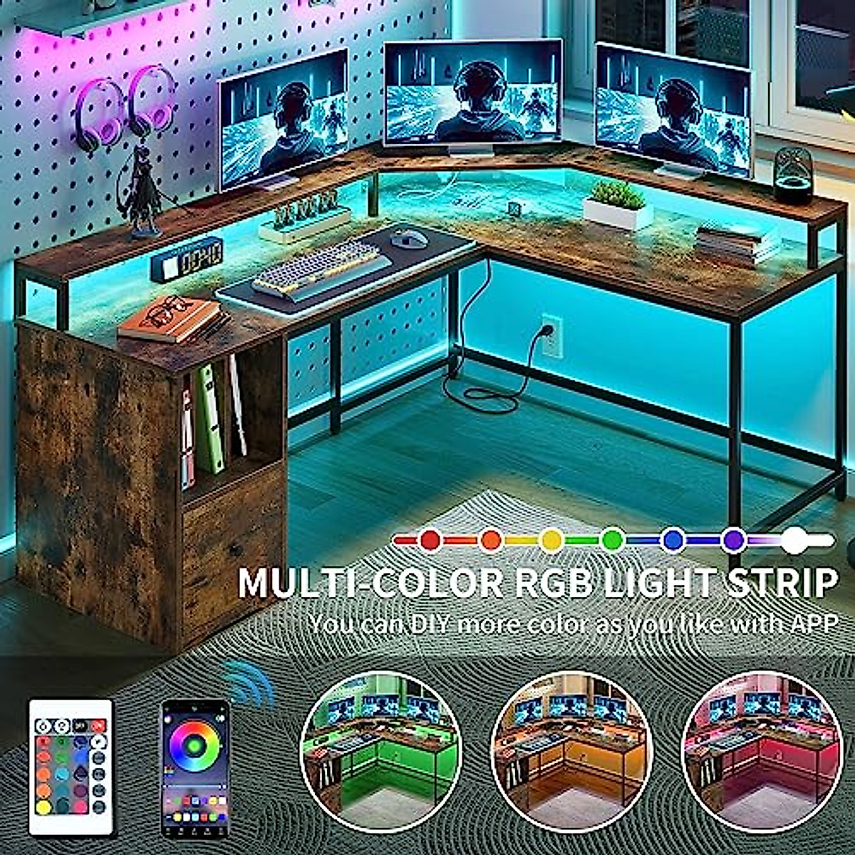 YITAHOME L Shaped Desk with Power Outlets & LED Lights, 67 Inch Large Computer Desk with File Drawer, Corner Desk Home Office Desk with Monitor Stand & 3 Cubbies Storage Shelves, Rustic Brown