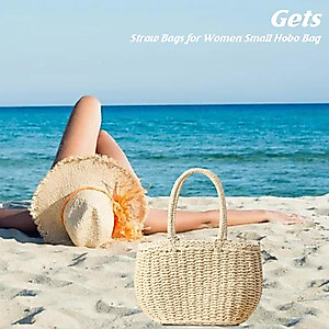 Gets Straw Bags for Women Hand-woven Small Hobo Bag Round Handle Ring Tote (Beige)