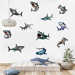 MEFOSS 11 PCS 3D Large Shark Wall Decal Stickers, Ocean Animal Under The Sea Wall Decal Stickers, Peel and Stick Removable Sea Creature Shark Stickers for Kids Room Playroom Bathroom Baby Nursery Wall Decor