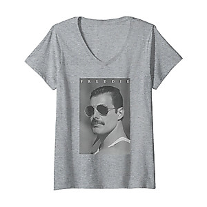 Womens Freddie Mercury Official B&W Shades Photo V-Neck T-Shirt