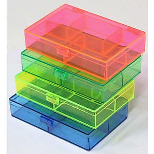 BIN BUDDY Set of 4 | Colored Transparent Plastic Boxes | 4.5" (11.4 cm) x 3" (7.6 cm) x 1" (2.5 cm) | Hinged Lids, 5 Internal Sections | For Crafts, Sewing