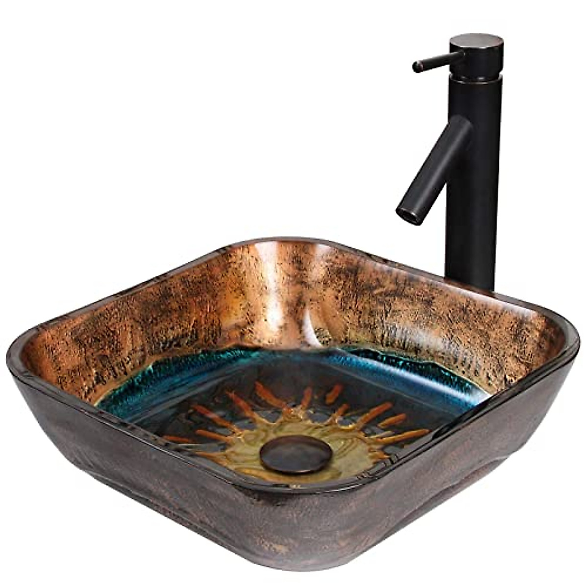 ELITE Square Volcanic Pattern Tempered Glass Bathroom Vessel Sink & Oil Rubbed Bronze Finish Faucet Combo