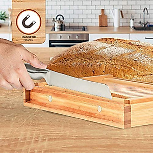 RAXXIO Bamboo Bread Slicer with Knife, Adjustable, Foldable and Compact with Crumb Tray, Bread Cutter for Homemade Bread, Loaf Cakes, Bagels Slicer, 3 Different Size Slices