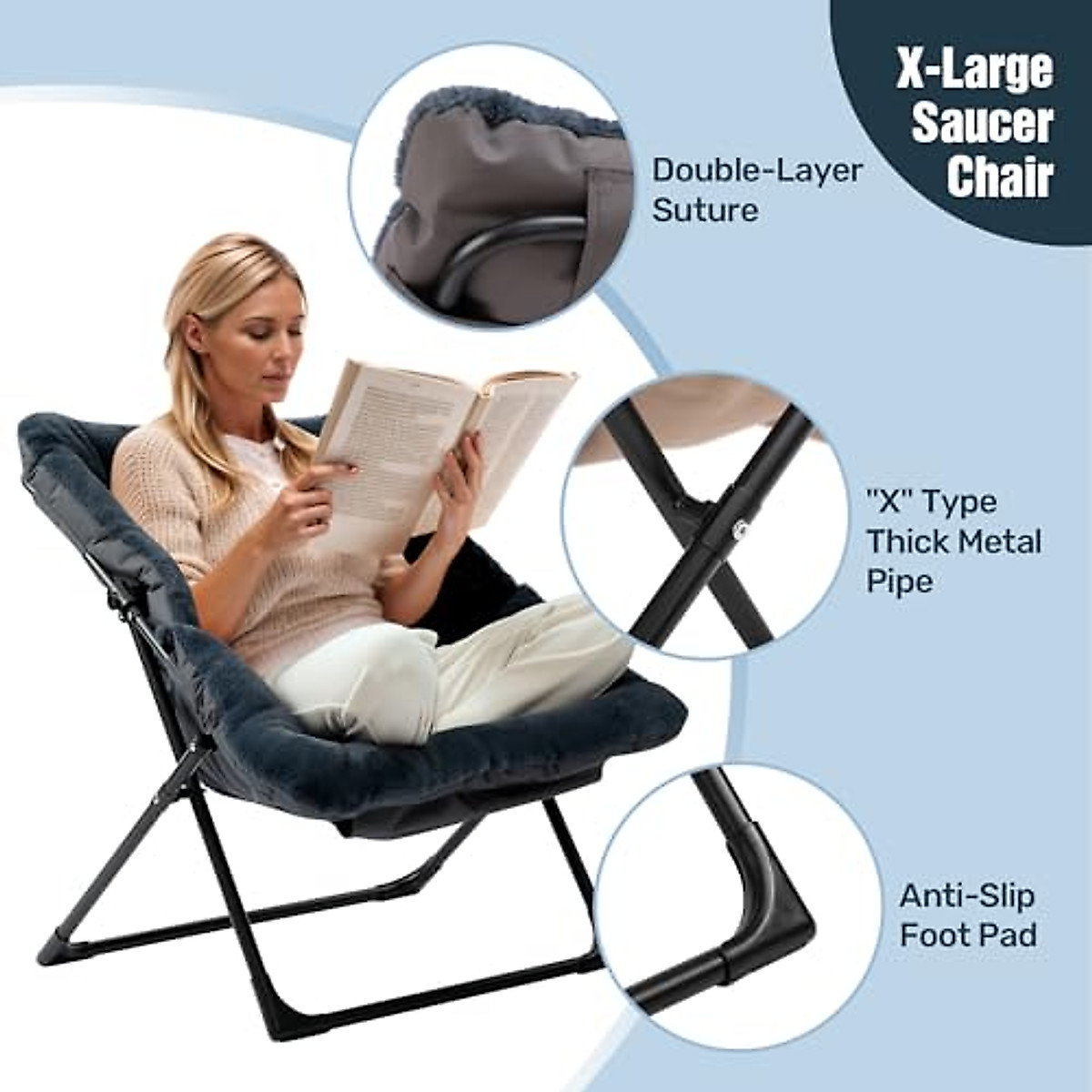 HollyHOME X-Large Saucer Chair, Comfy Oversized Folding Chair, Faux-Fur Reading Chair for Teens, Adults, Foldable Accent Lazy Chair, Metal Frame Lounge Chair for Living Room, Bedroom, Dorm, Navy Blue