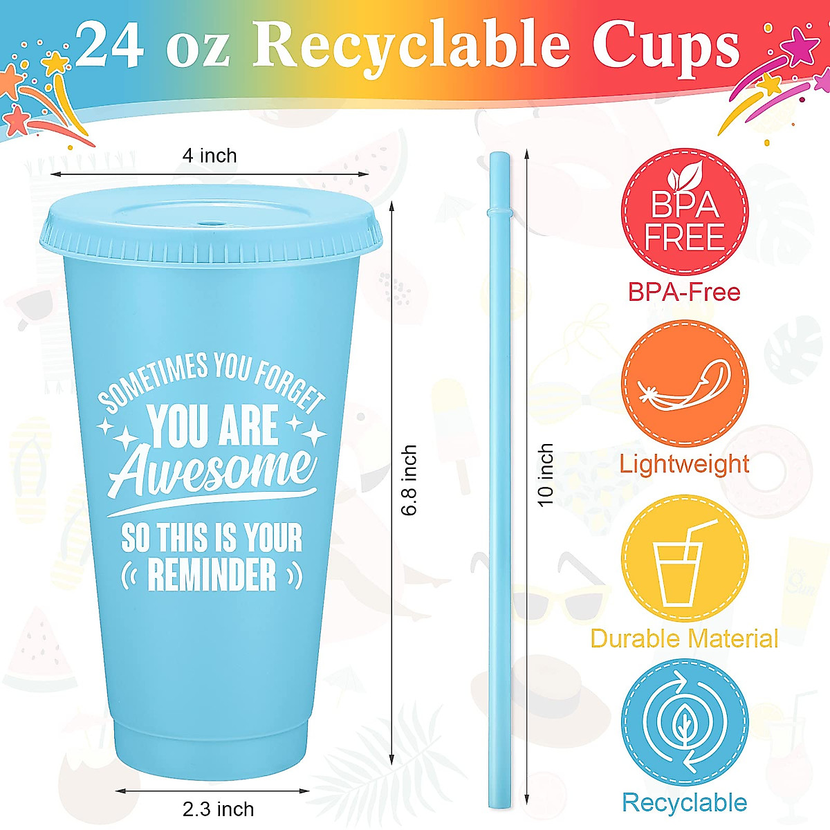 Thank You Gifts You Are Awesome Coffee Mug 24 oz Plastic Tumblers with Lids and Straw Inspirational Reusable Tumblers Appreciation Gift for Coworker Teacher Colleague Employee (24 Pack)