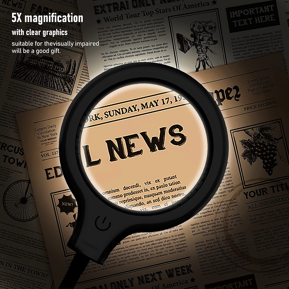 5X Magnifying Lamp, Touch Dimmable Magnifying Glass with Light, 30 LED Lighted Magnifier for Reading, Hobbies, Crafts, Repair, Sewing, Inspection, Jewelry Design