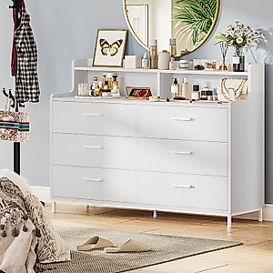 Hasuit White Dresser for Bedroom with 6 Drawers and Storage Shelves, Wide Chest of Drawers with Sturdy Steel Legs, Large Wooden Storage Tower Dresser Organizer, Dresser for Bedroom, Clost, Entryway